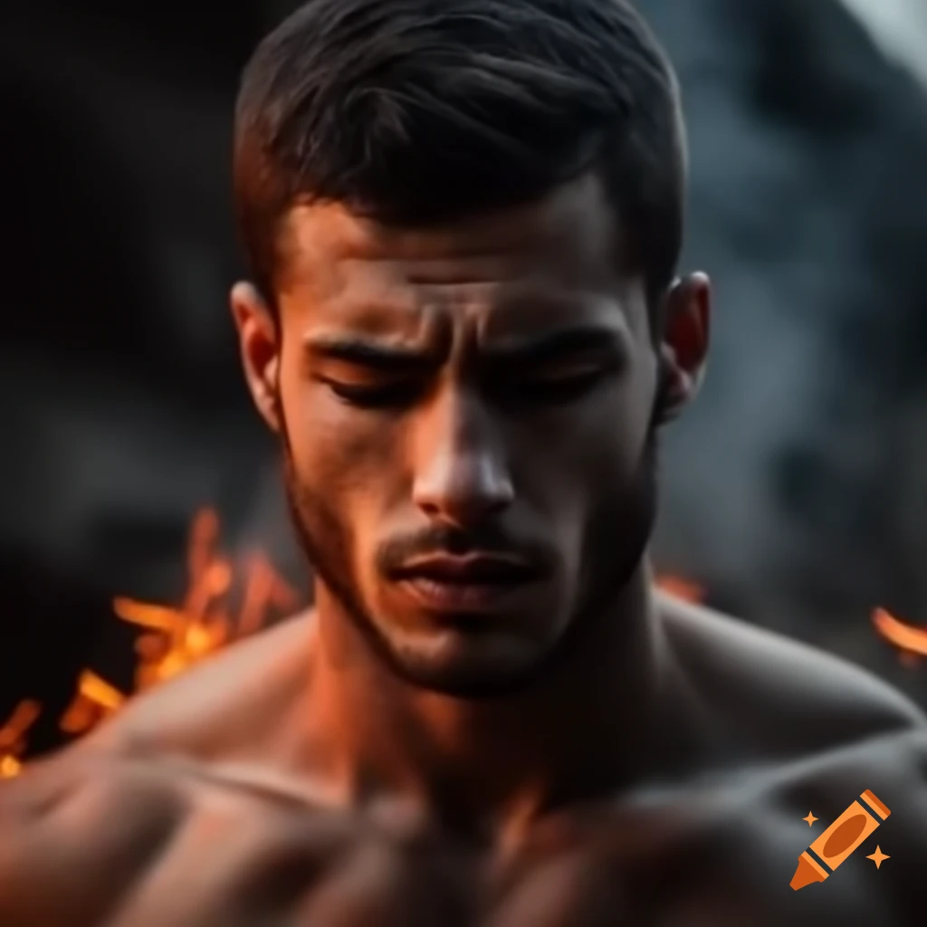 Young Israeli male model with emotional expression reflecting flames ...