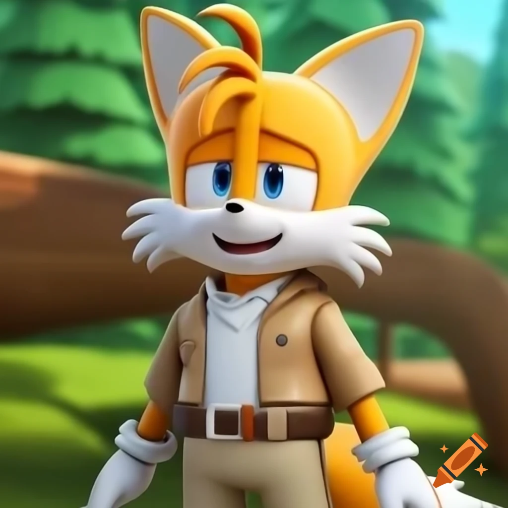 Tails the fox on outdoor adventure wearing stylish beige outfit on Craiyon