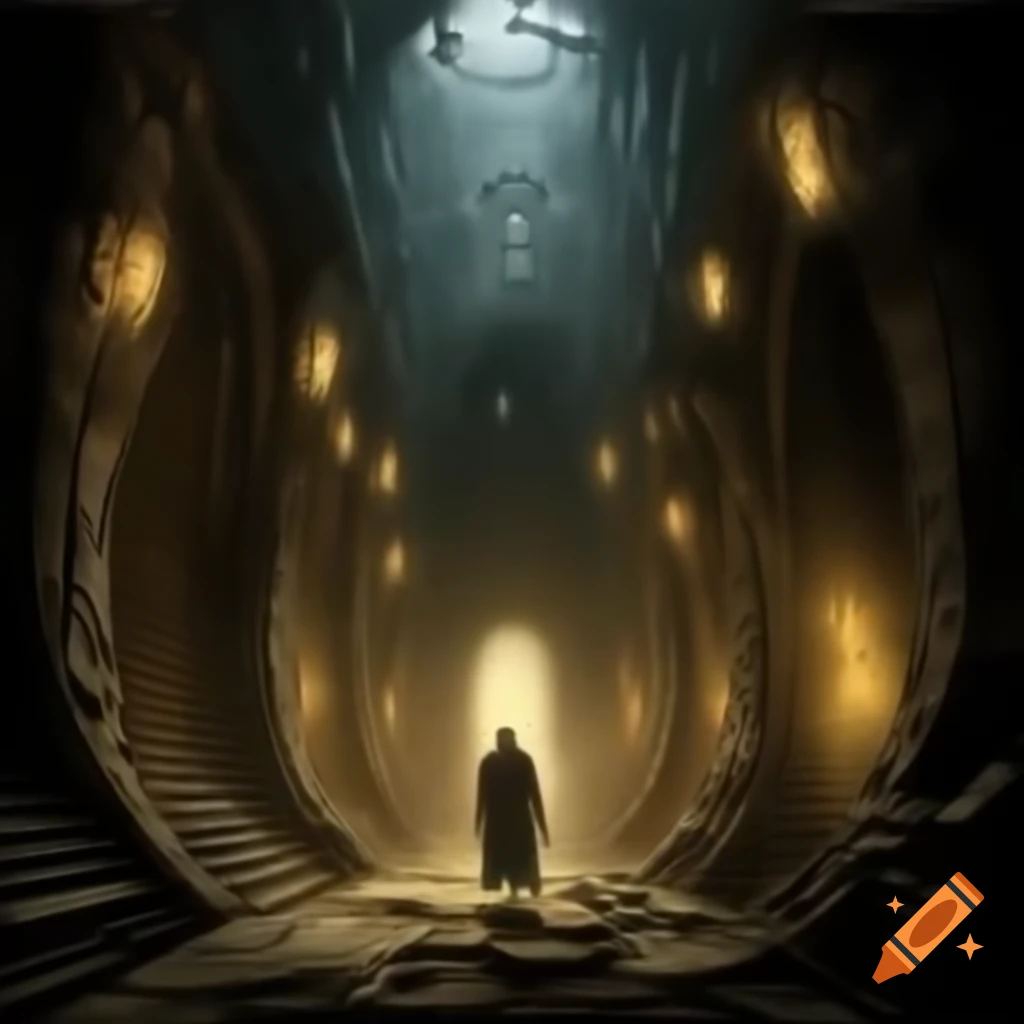 Mysterious figure exploring intricate dungeon corridors illuminated by ...