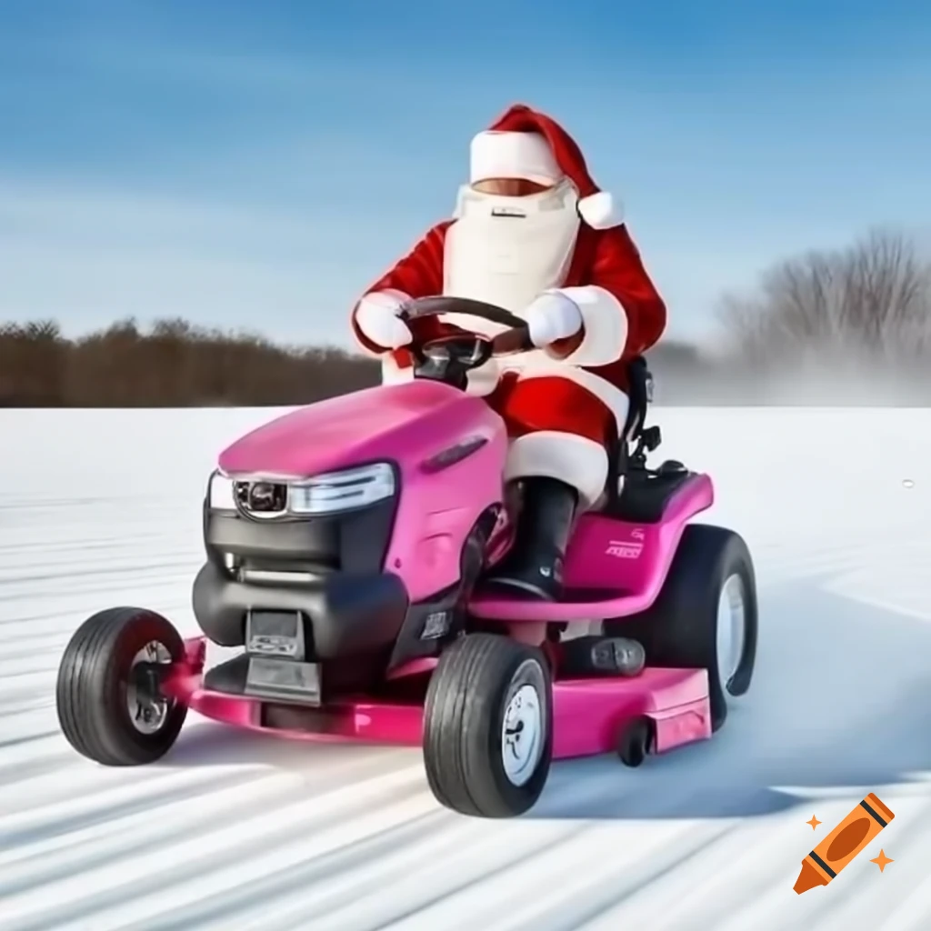Santa Claus driving pink racing mower on ice track on Craiyon
