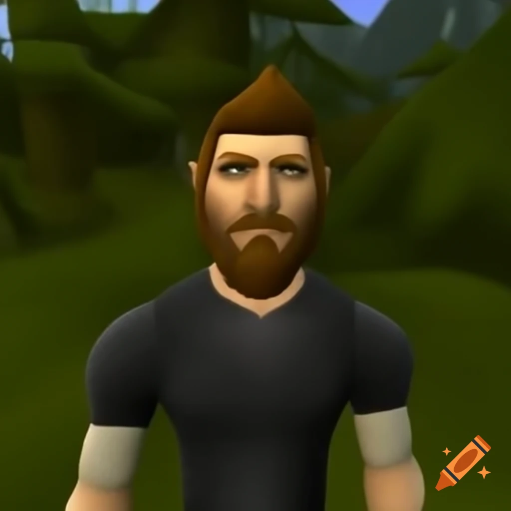 Determined man in runescape-inspired forest with brown hair and black ...