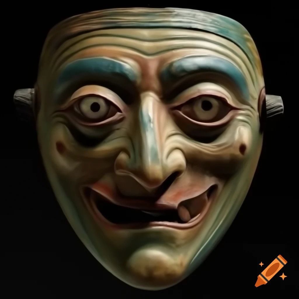 Ancient weathered mask with gleaming painted eyes, evoking stories of ...