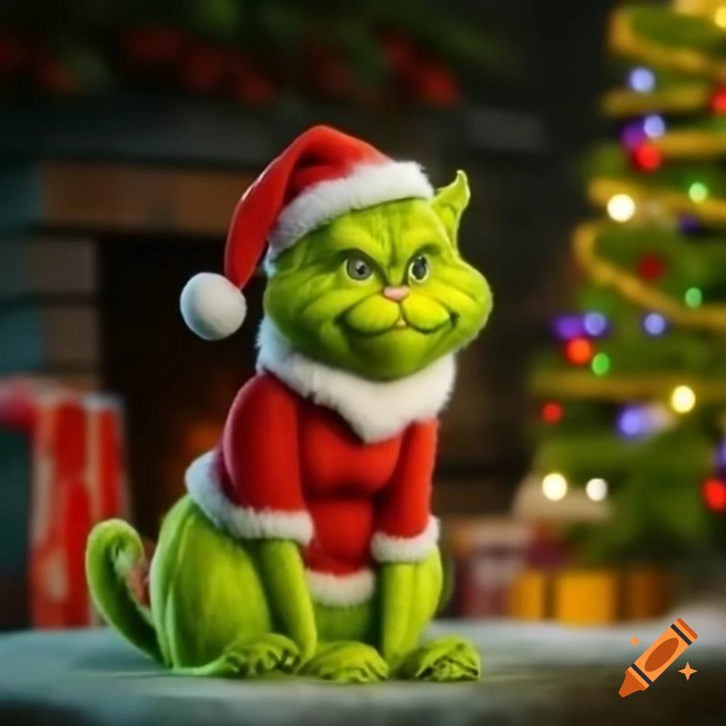 Christmas-themed grinch cat illustration in high quality on Craiyon