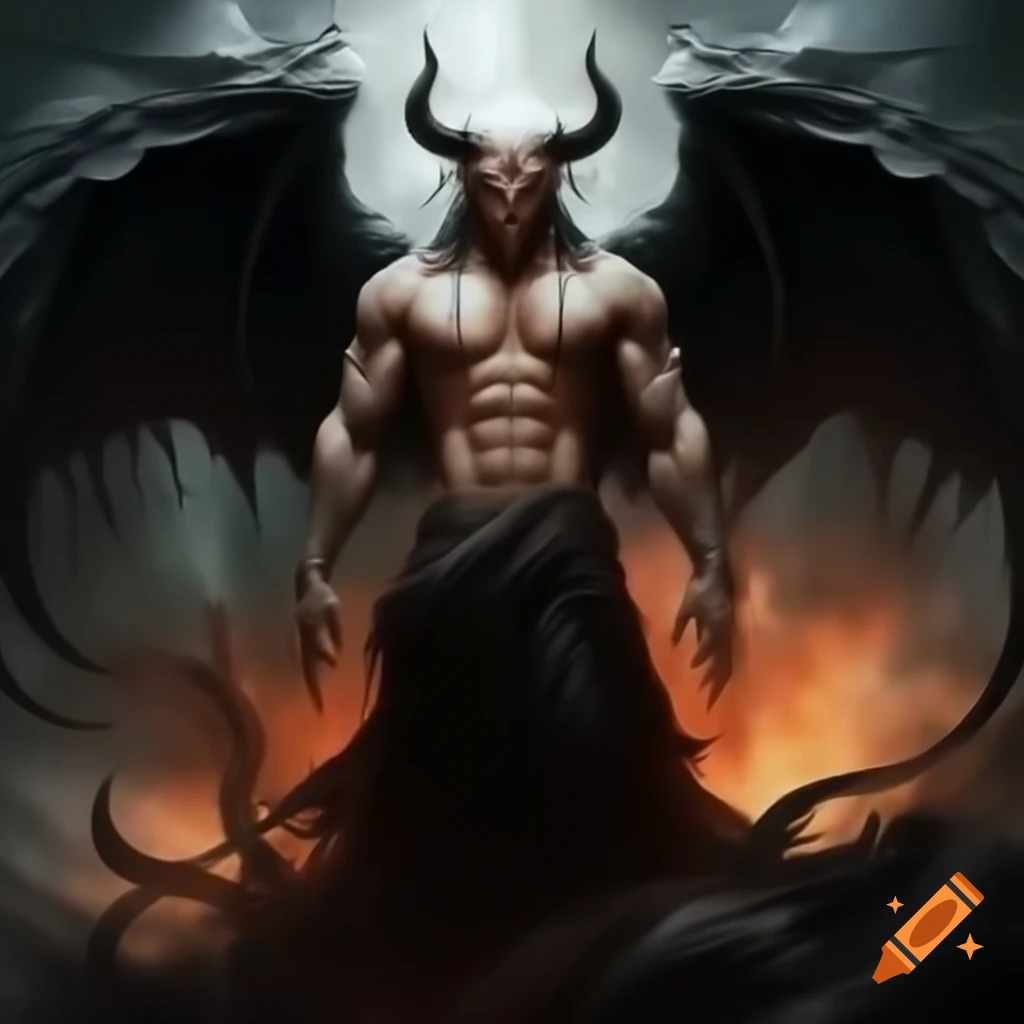 Humanoid figure with large demon-like wings glowing in ethereal light ...