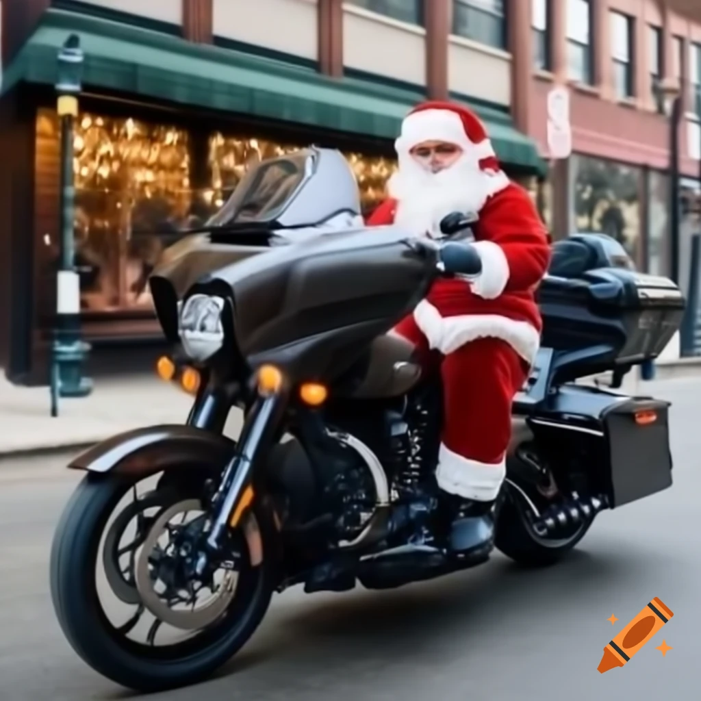 Stylish santa riding black harley davidson motorcycle through ...