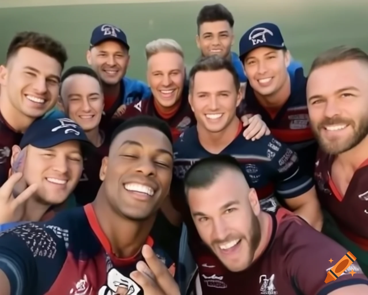 Rugged masculine man with buzzcut taking selfie on Craiyon