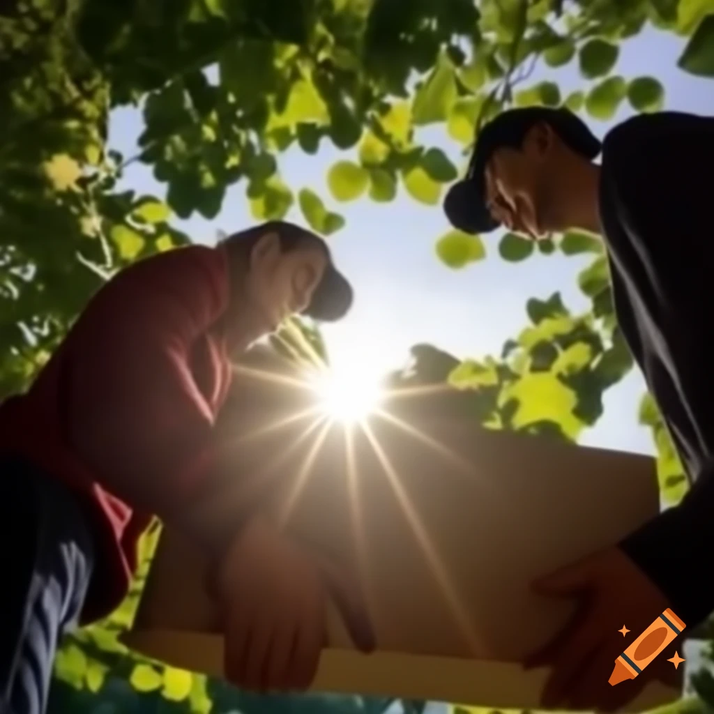 Delivery person handing package to joyful recipient in sun-dappled ...