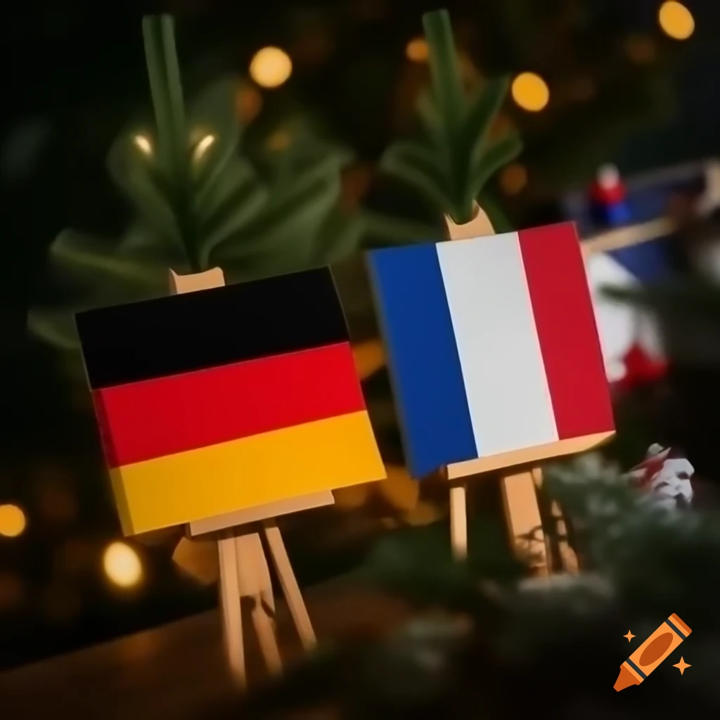 French and German flags in warm Christmas glow with blurred festive ...