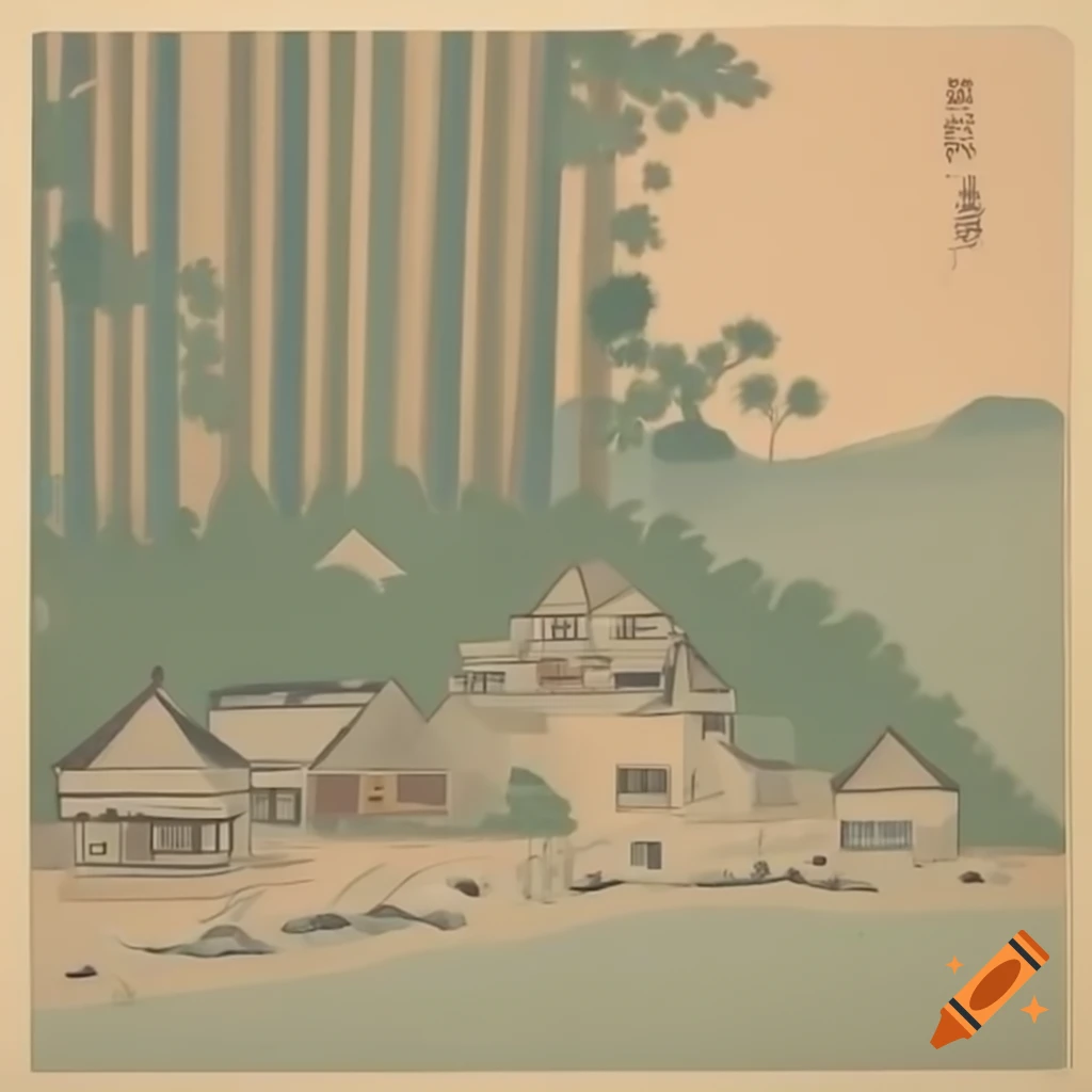 English woodblock print of tranquil village in dense forest with ...