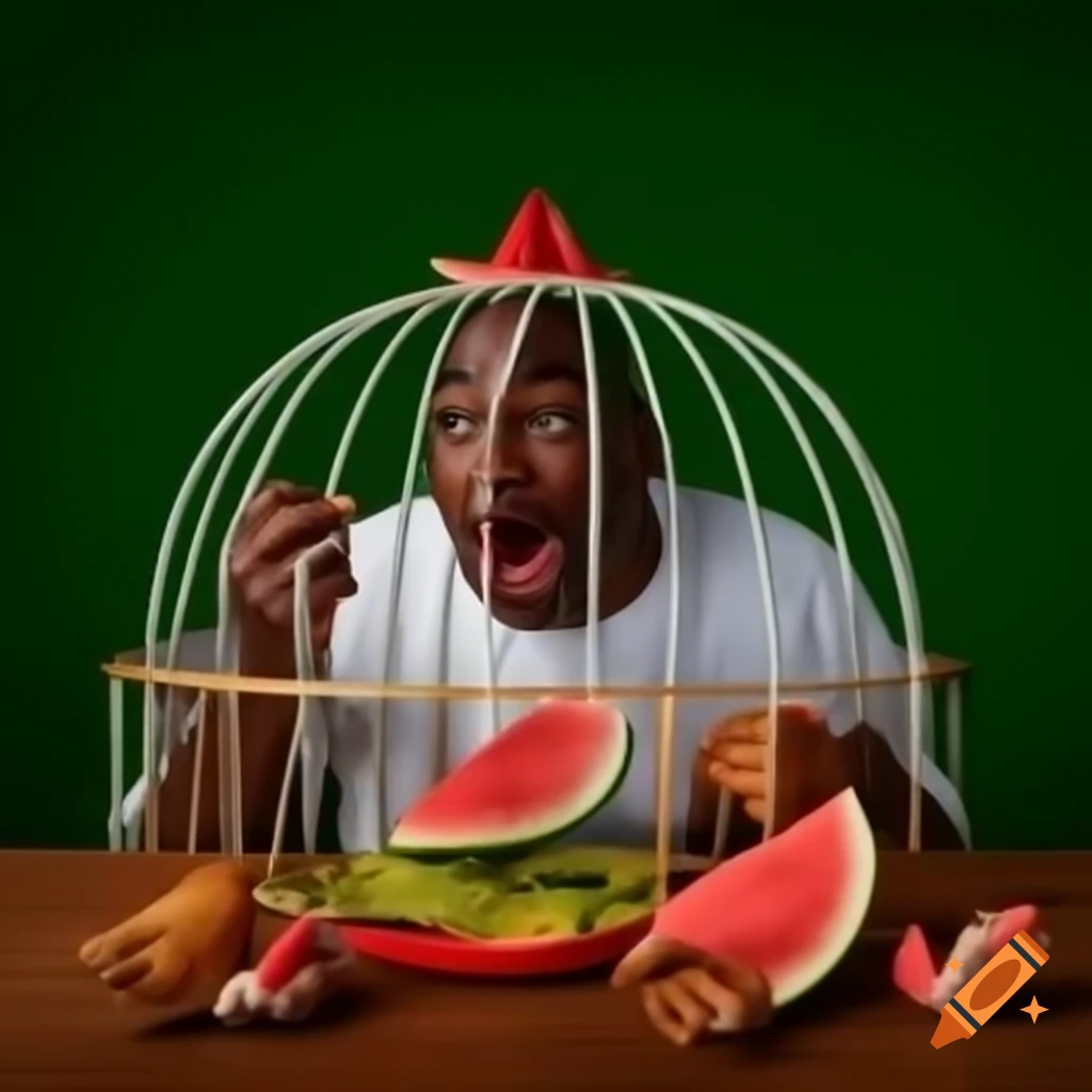 Man in a cage playing basketball and eating chicken and watermelon on ...