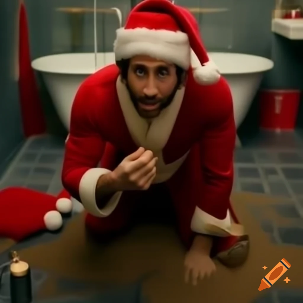 Actor Jake Gyllenhaal as Santa interacting with a bathroom scene ...