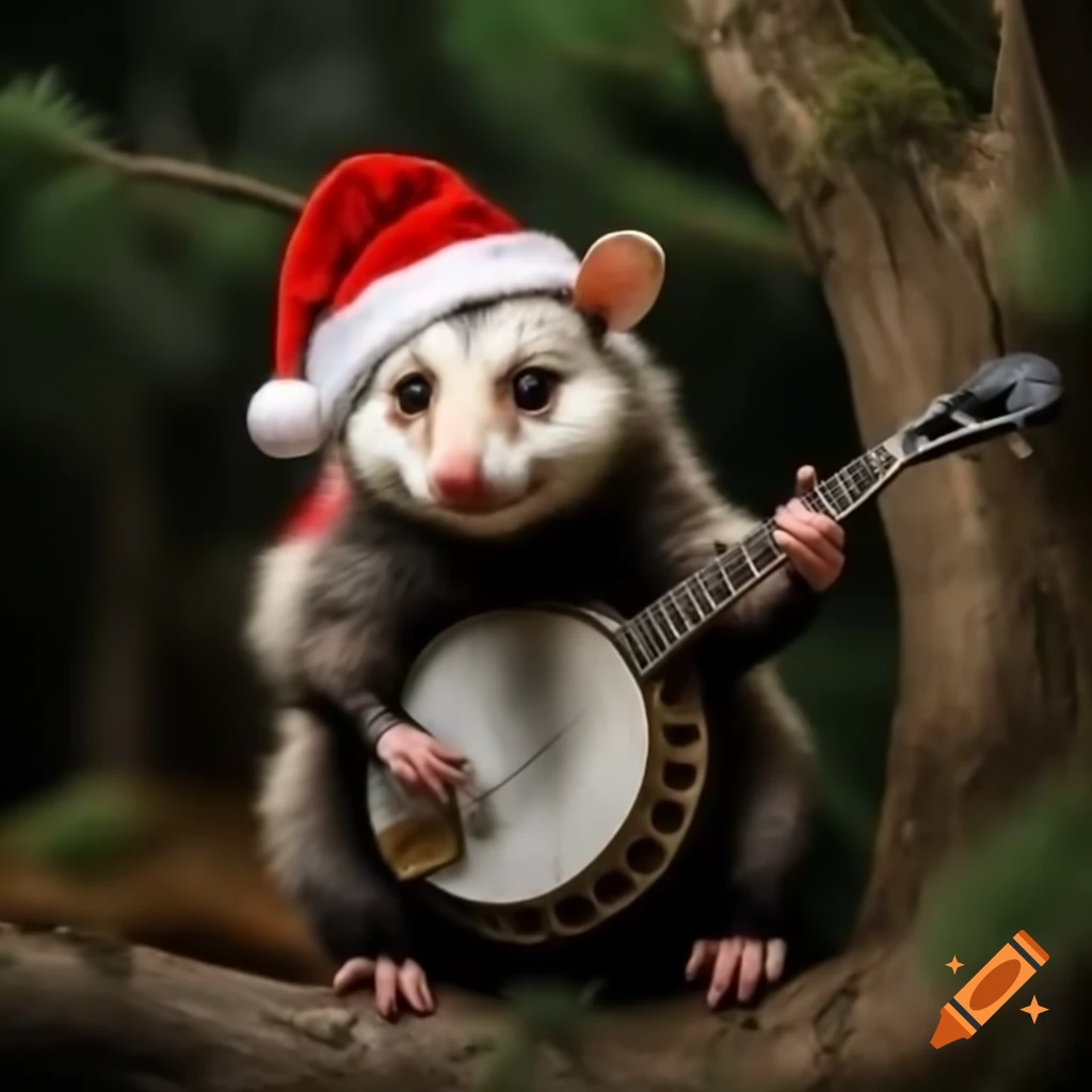 Photo realistic opossum in Santa hat playing banjo in tree on Craiyon