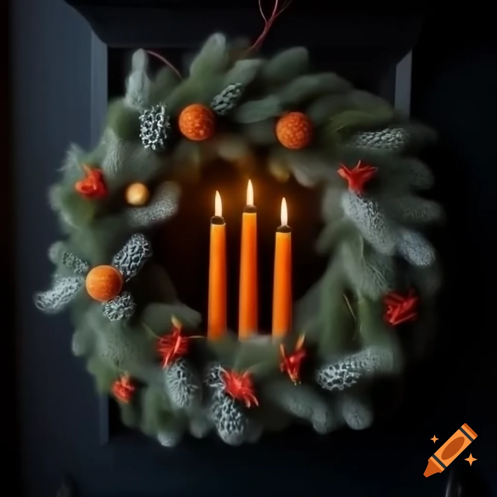 Advent wreath with four burning orange candles on Craiyon