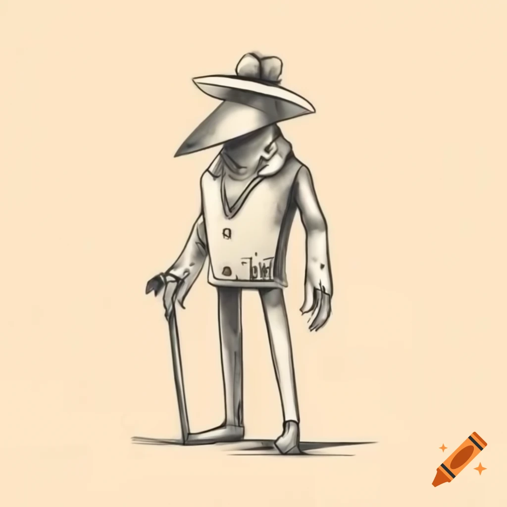 2D illustration of tall thin shepherd character with hat and cane on ...