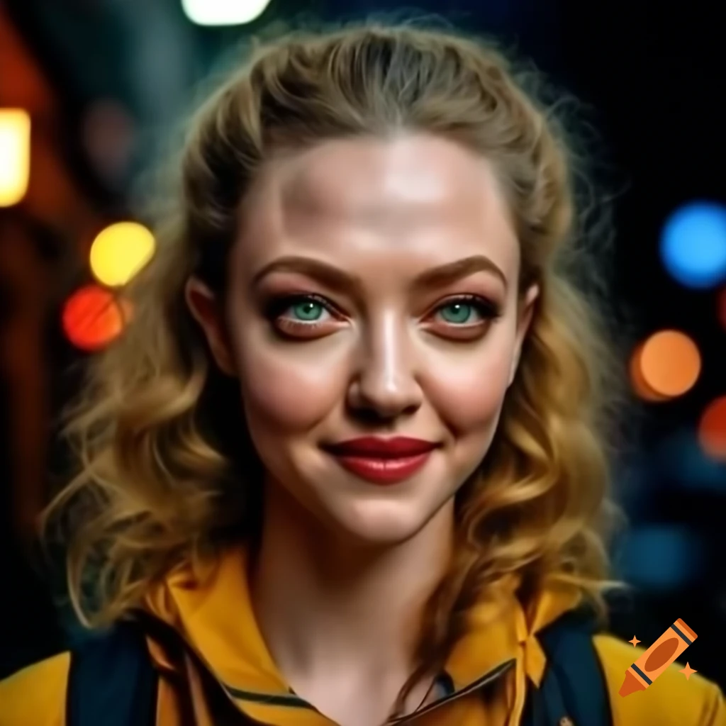 Amanda Seyfried smiling with curly blonde hair and yellow backpack on city street at night on ...