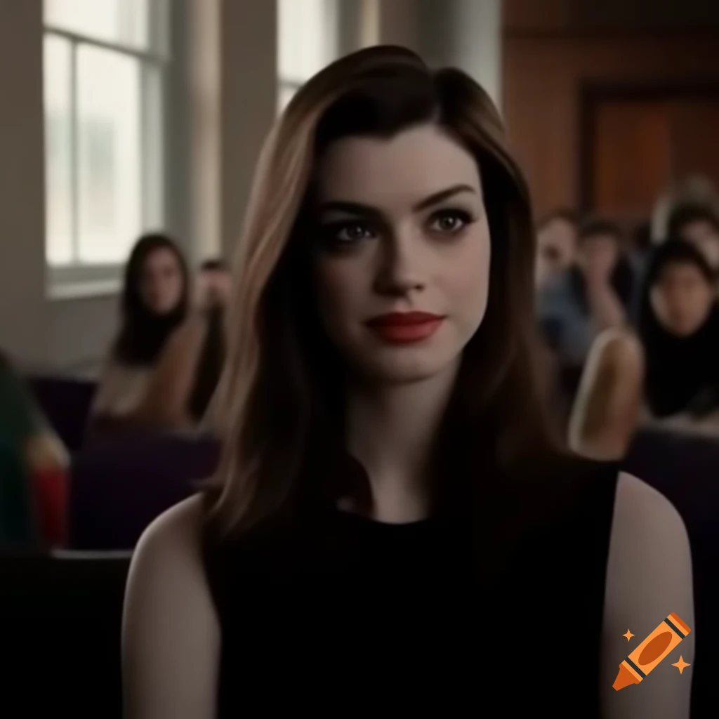 Brunette girl resembling Anne Hathaway in black dress against ...