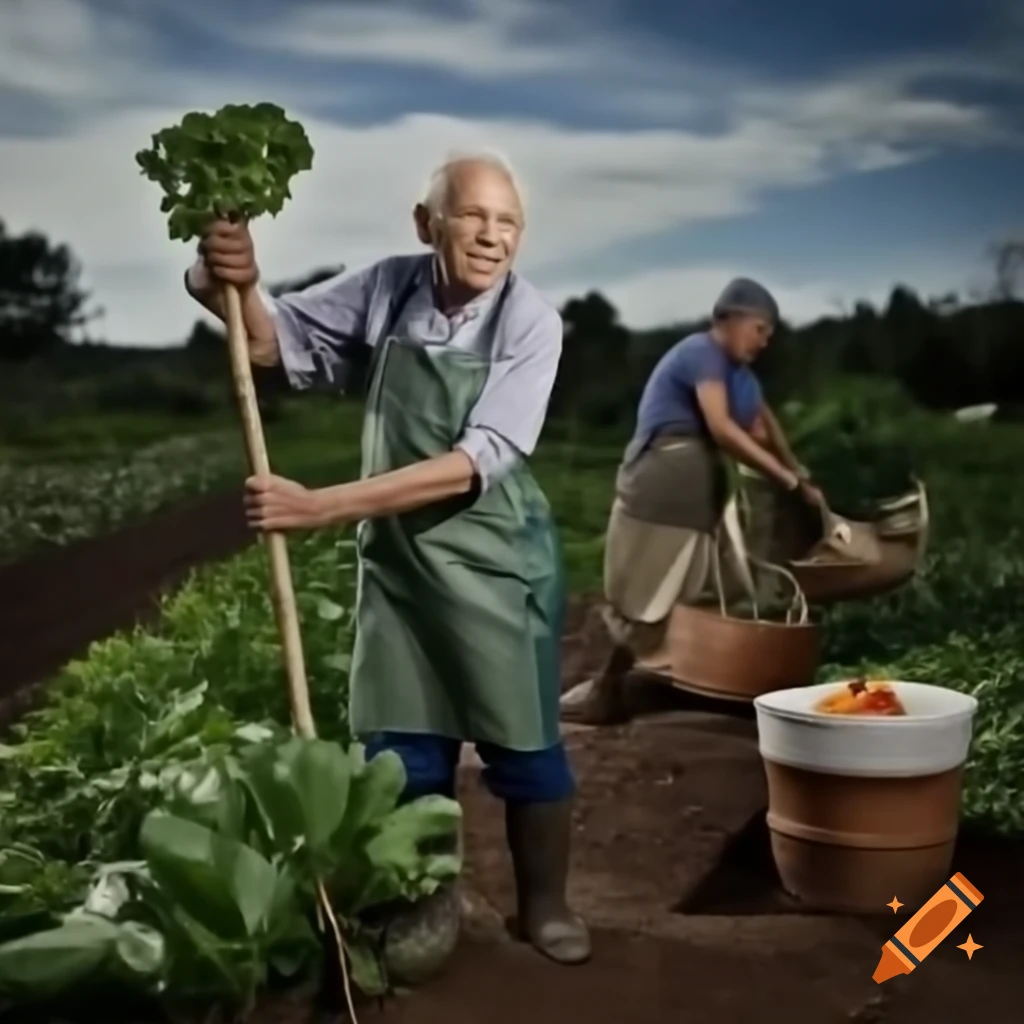 Elderly farmer working in vegetable garden with villagers sharing ...