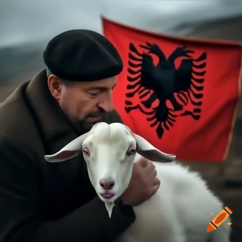Man embracing goat while wearing Albanian flag hat on Craiyon