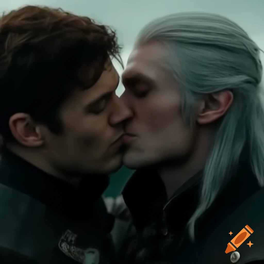 Tender kiss between Geralt of Rivia and Jaskier from Netflix's The Witcher on Craiyon