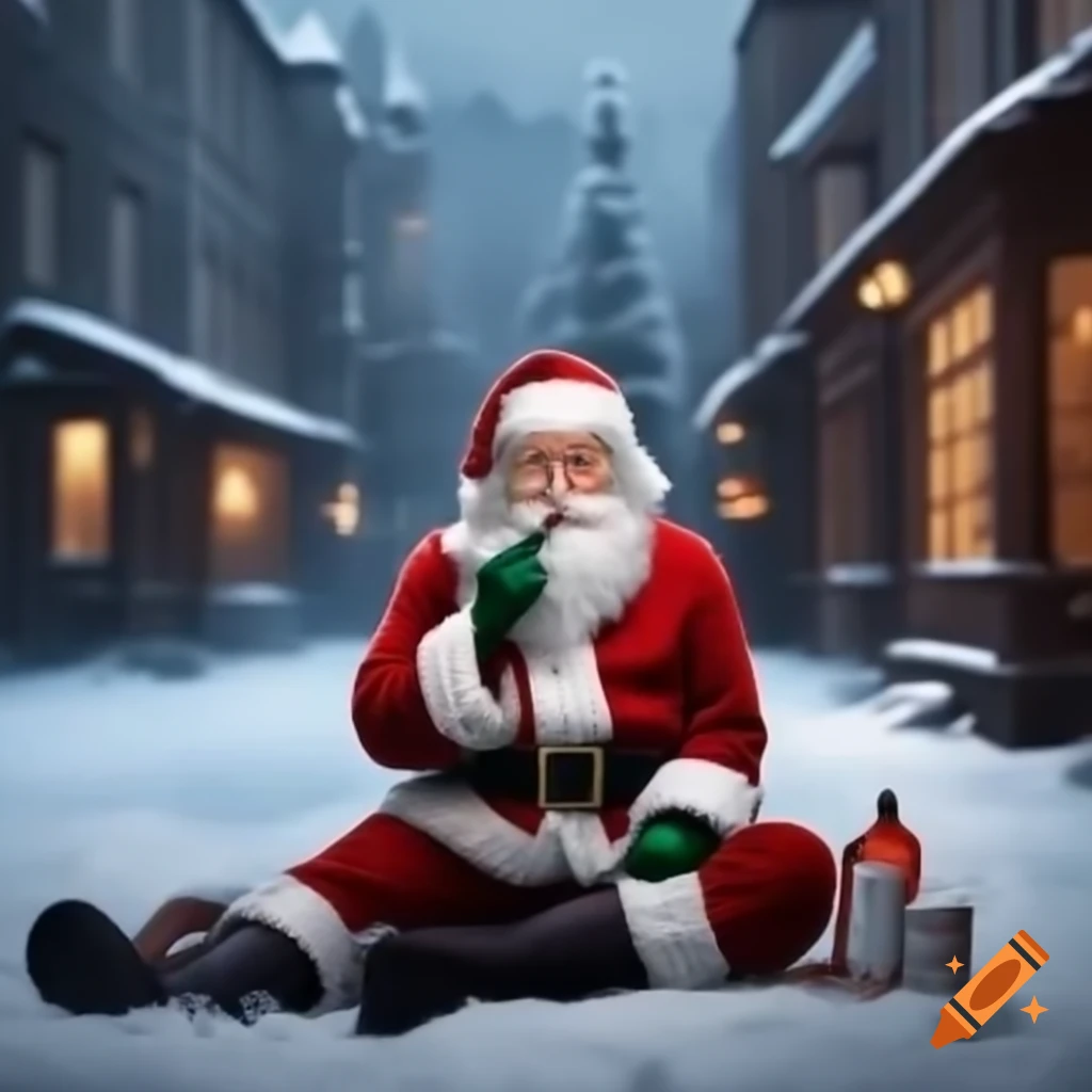 Santa Claus smoking in winter town next to empty bottle on Craiyon