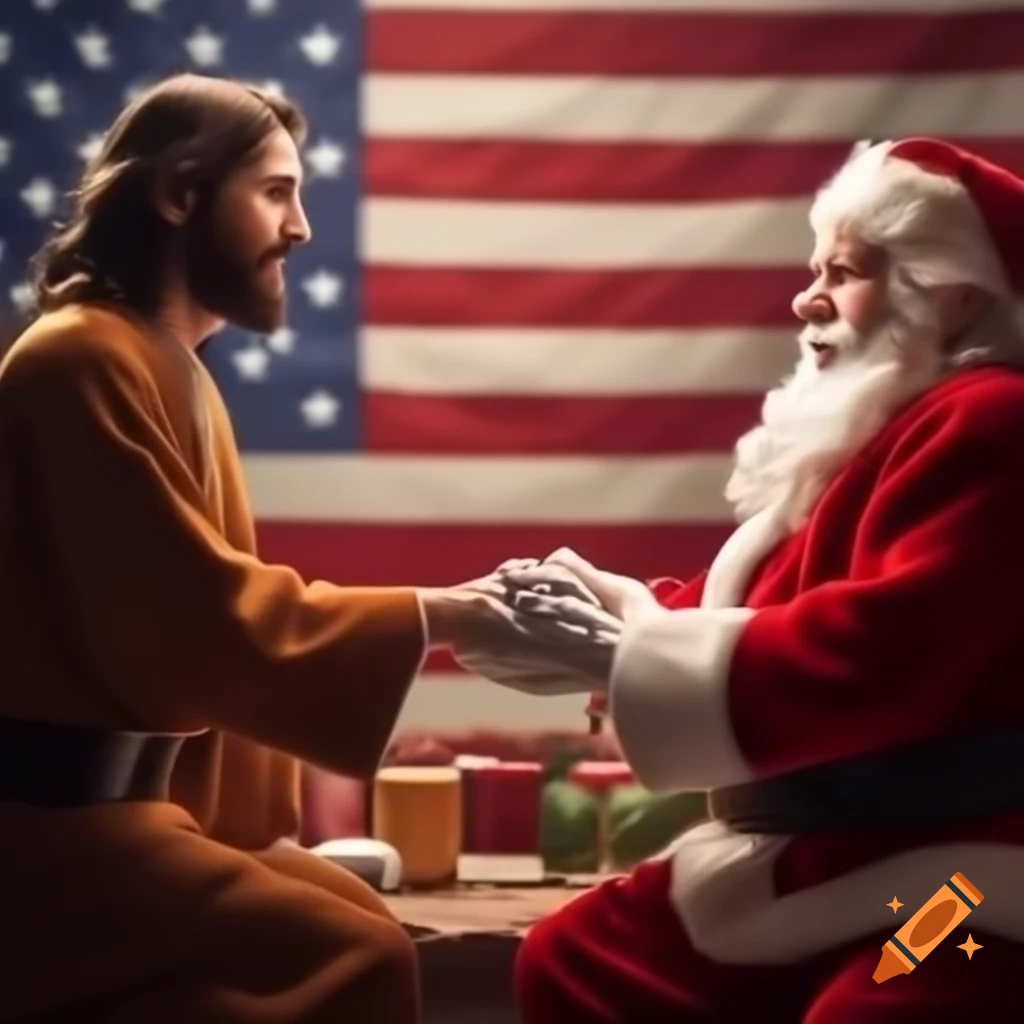 Jesus and Santa shaking hands with American flag backdrop on Craiyon