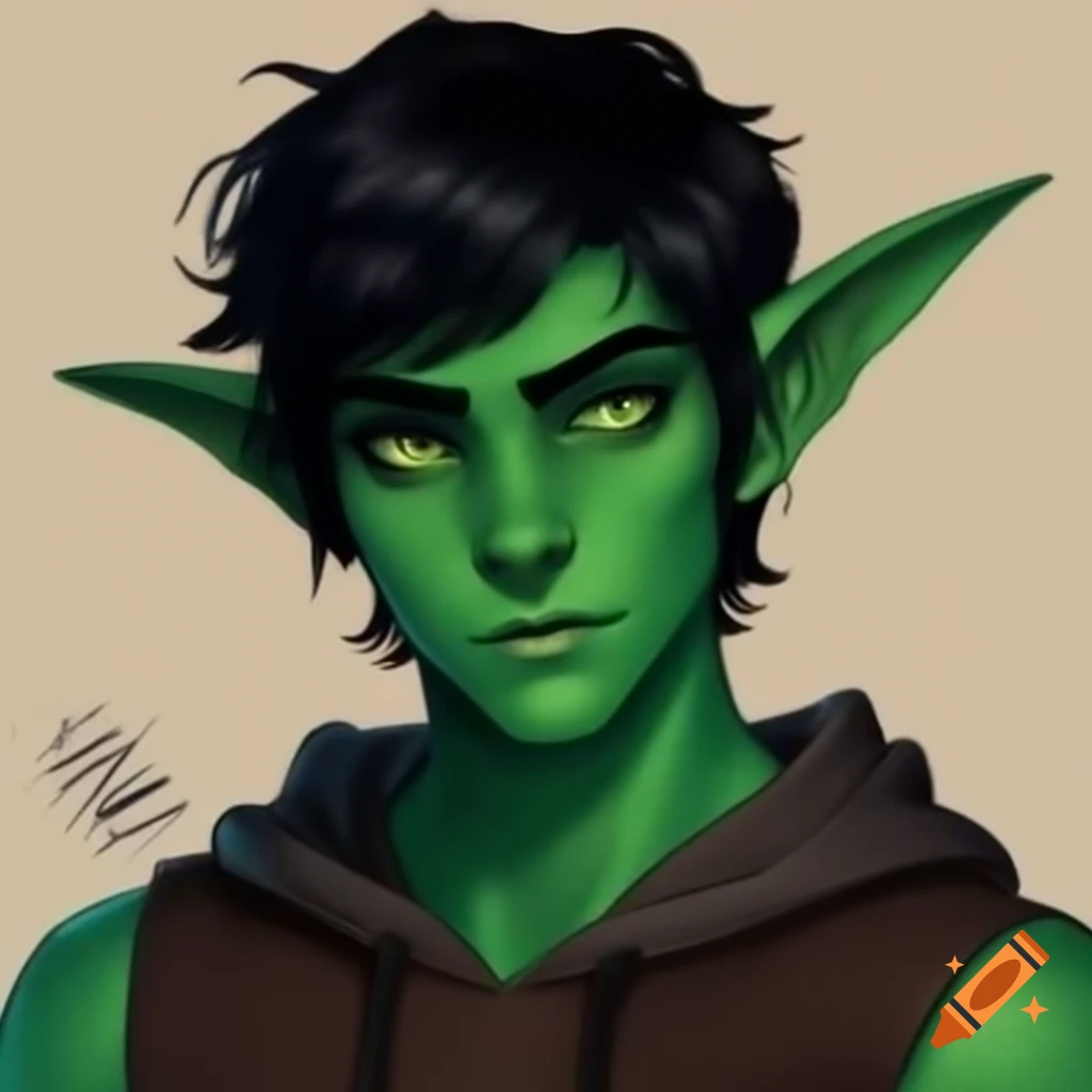 Dark green skin male goblin with black hair and green eyes wearing ...