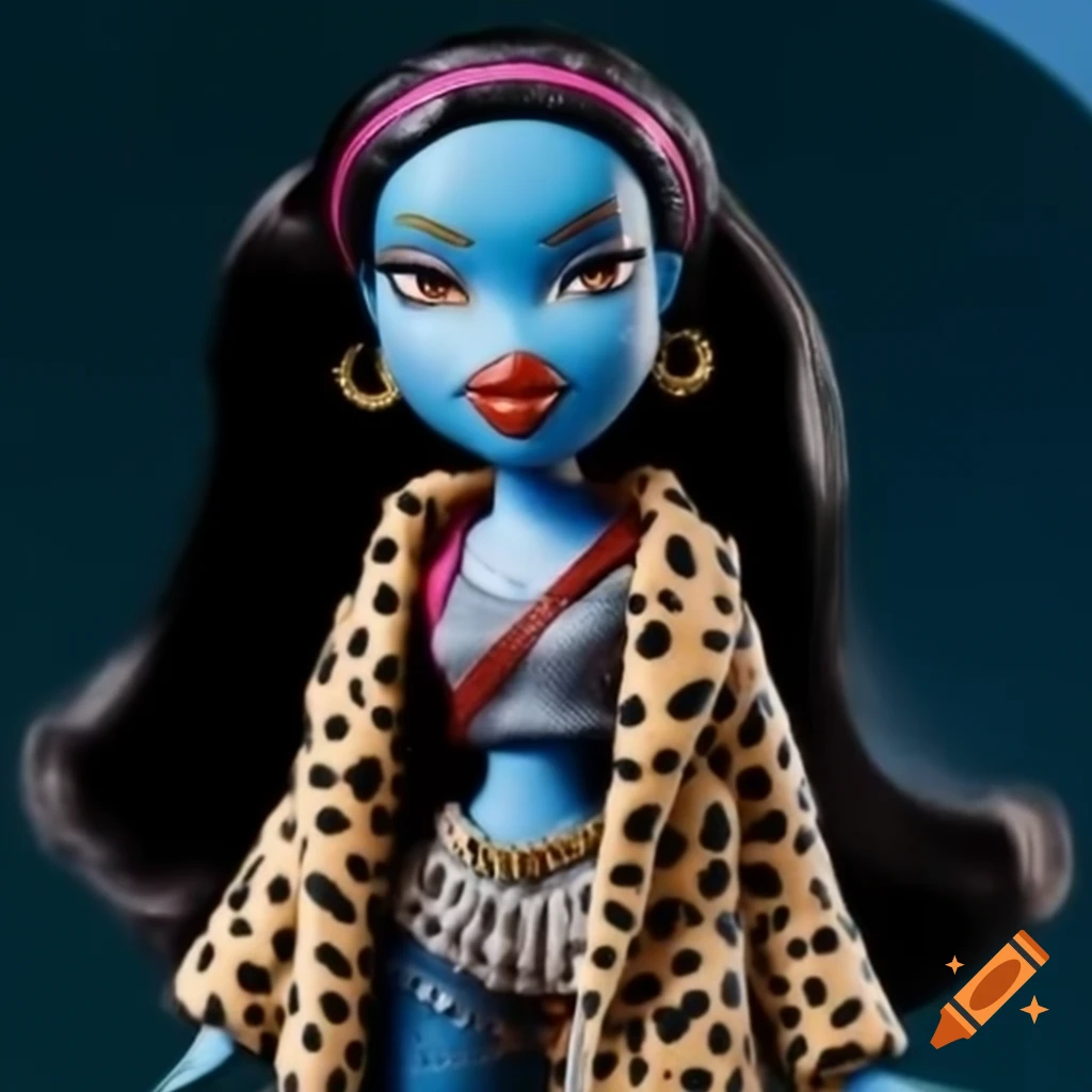 Bratz doll styled as alien in cheetah coat with porcelain skin on Craiyon