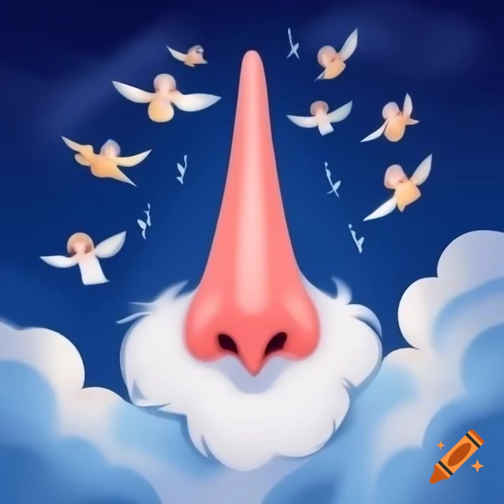 Whimsical flying nose in fluffy clouds with angels on Craiyon