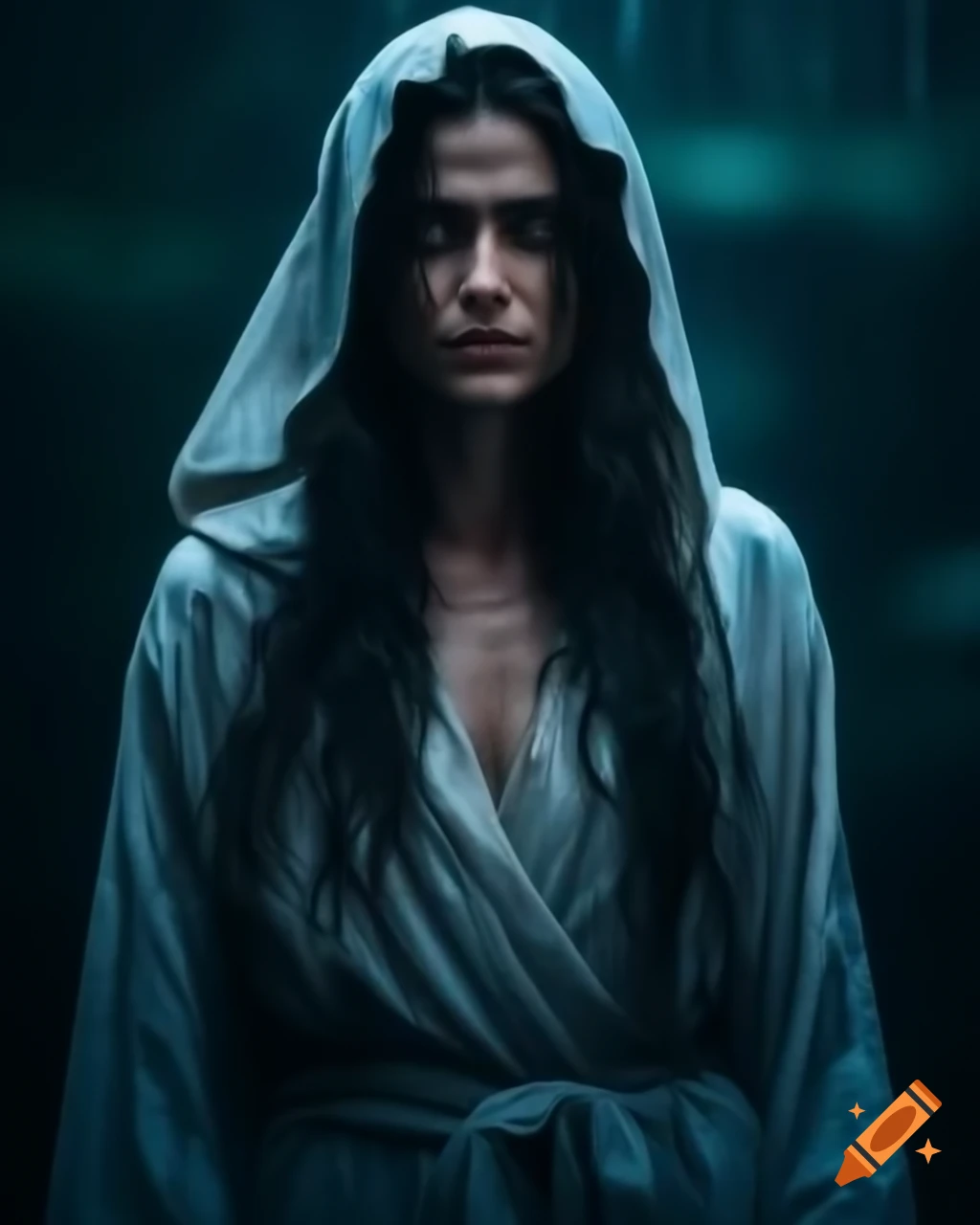 Woman in tattered robes with dark hair in chilling rain, mysterious and ...