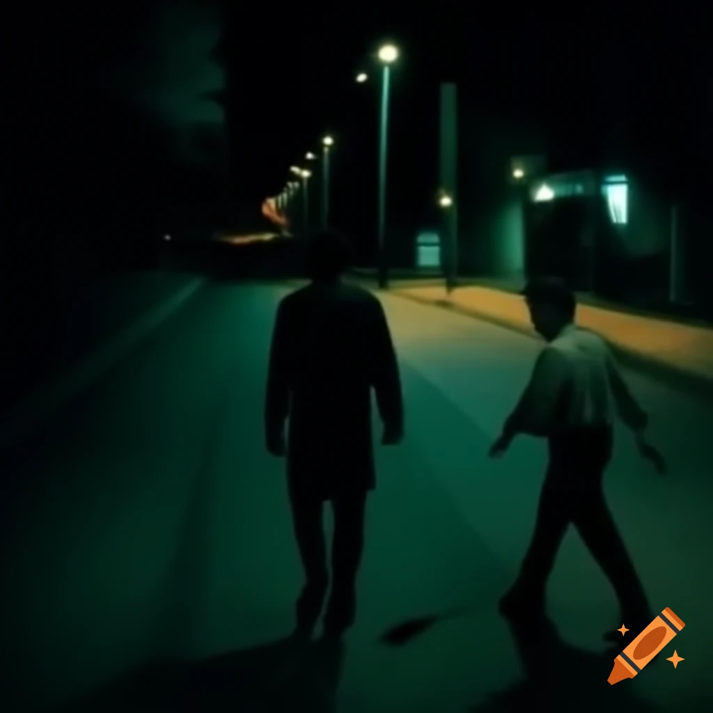 Dimly lit street at dusk with a person walking, and another man ...