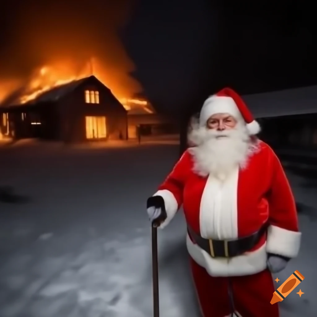 Winter village scene with fire and smiling Santa Claus on Craiyon