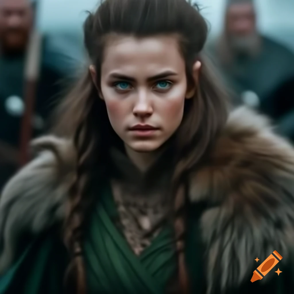 Transgender woman in green Viking dress with fur scarf on Craiyon