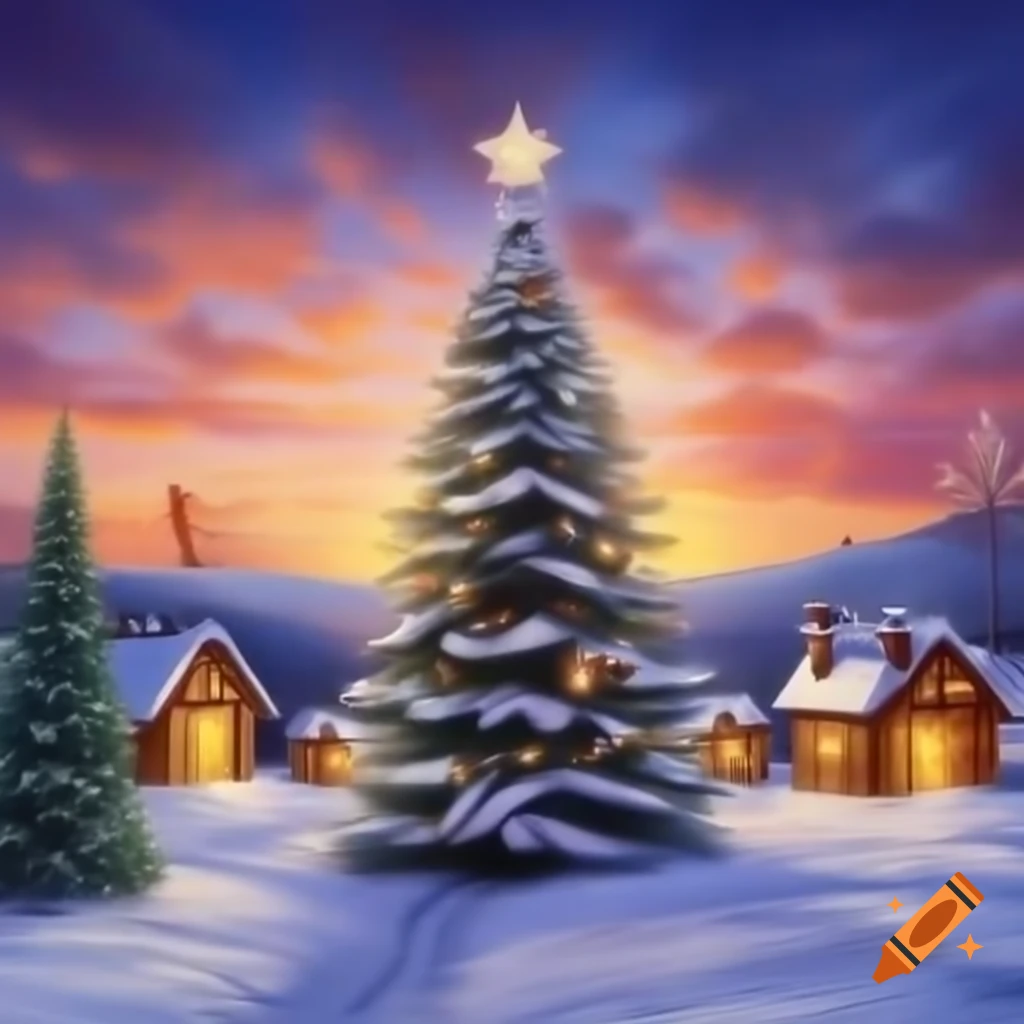 Christmas greeting card featuring fir forest, sunset, and festive ...