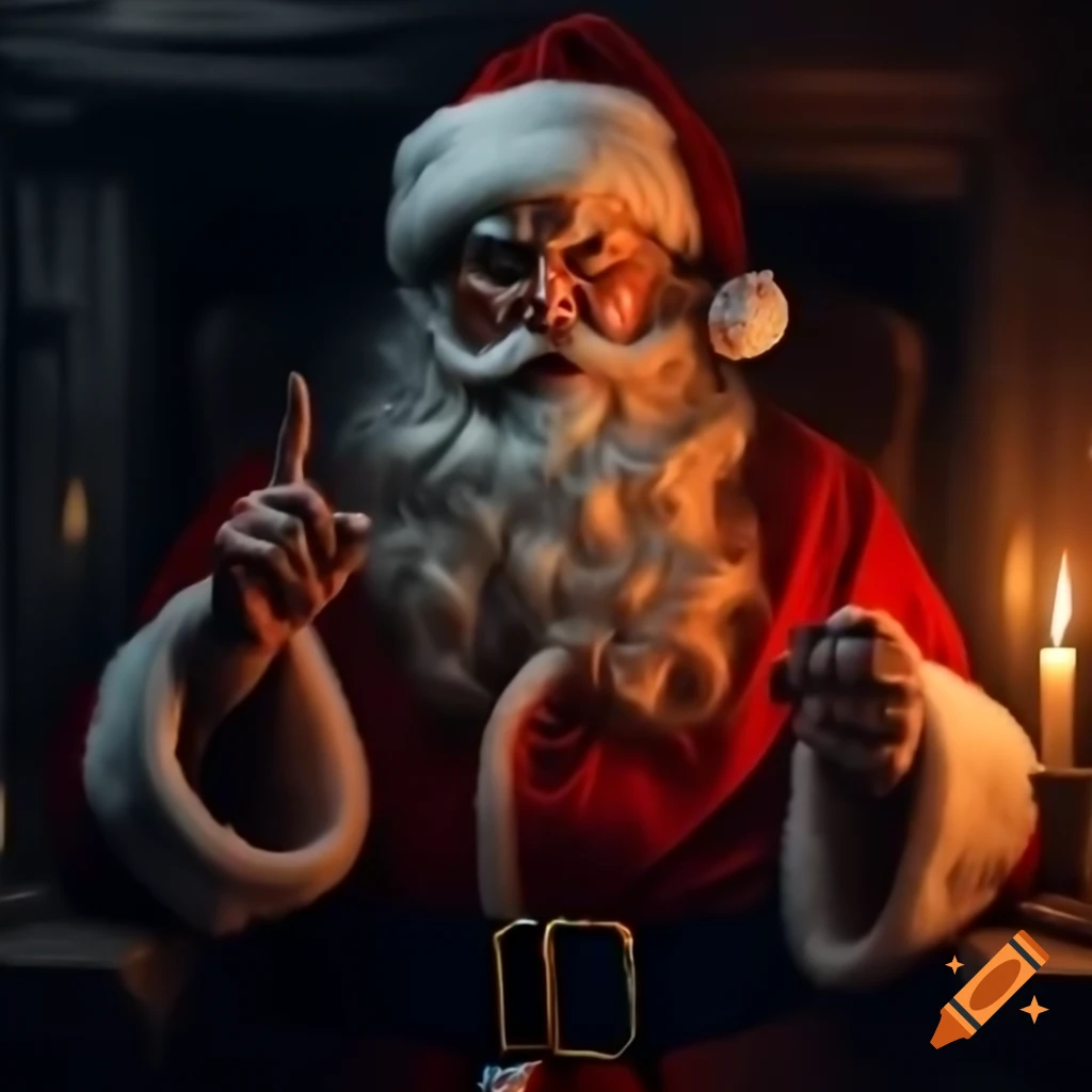 Photorealistic portrayal of Santa Claus with stern expression in dark ...