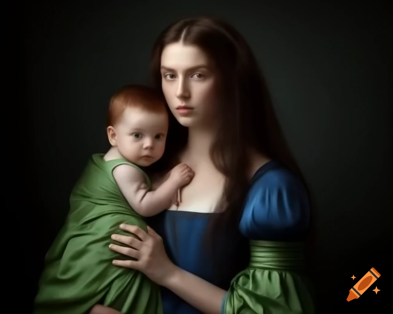 Tudor maiden in blue dress with green sleeves holding a baby on Craiyon