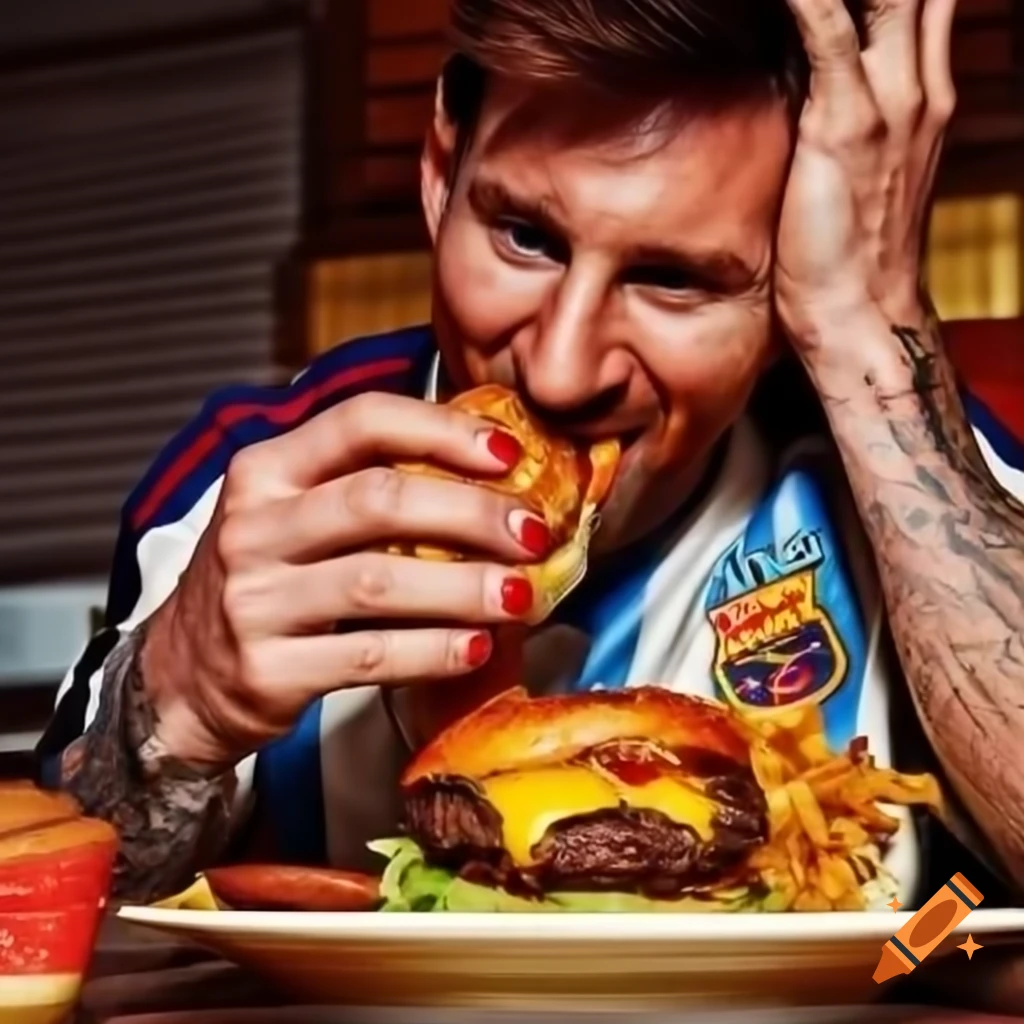 Lionel messi enjoying a delicious burger on Craiyon