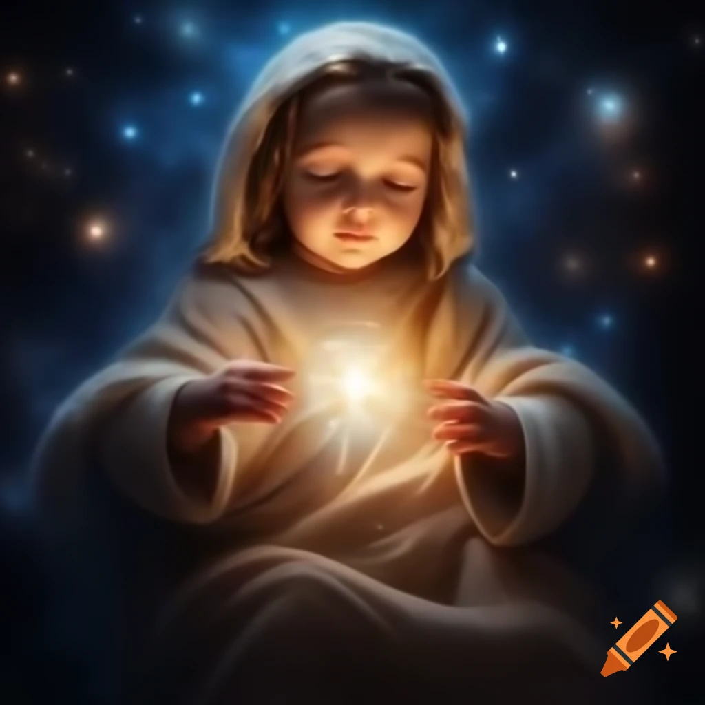 Celestial Baby Jesus in divine hands surrounded by constellations and ...