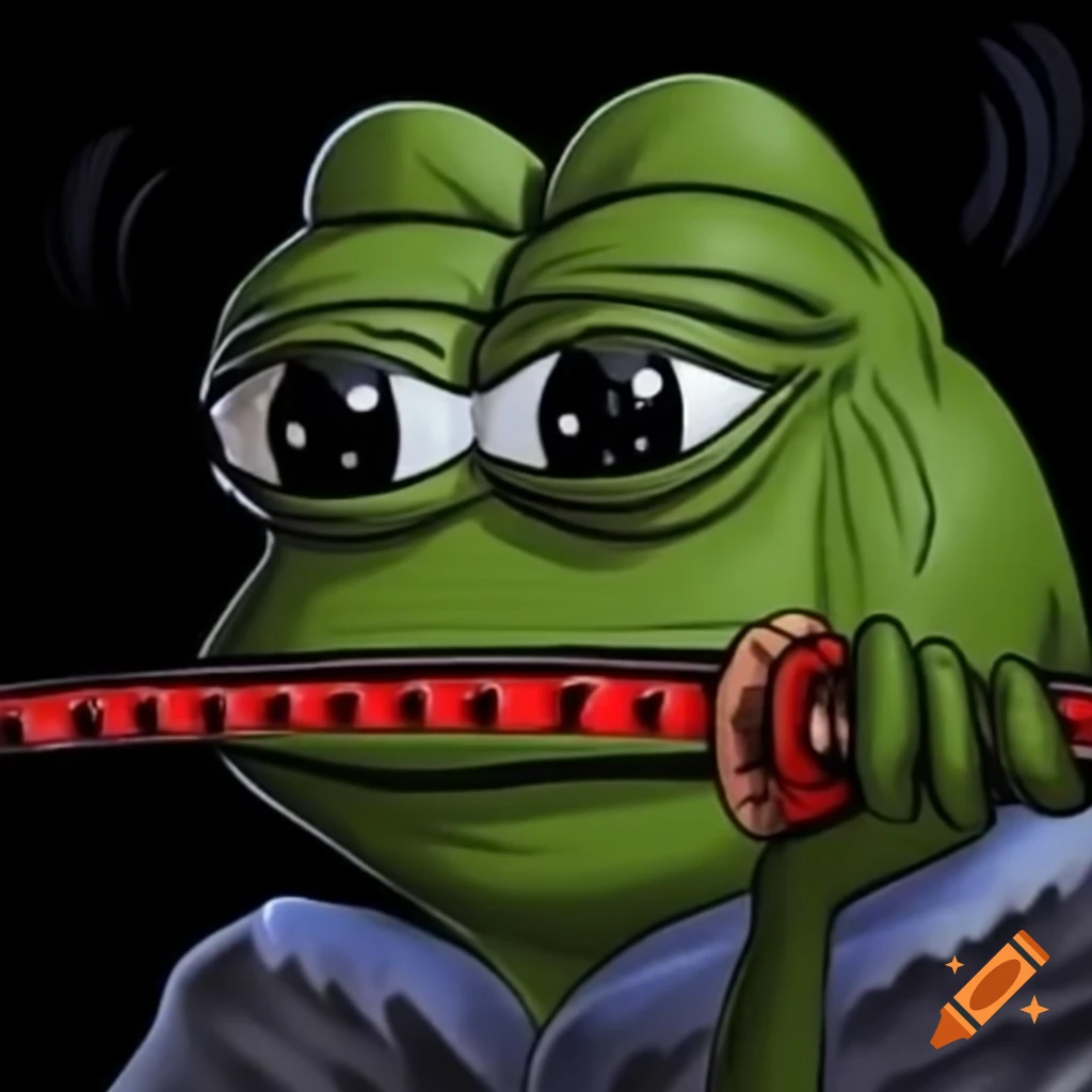 Pepe the Frog depicting sadness while holding a red katana on Craiyon
