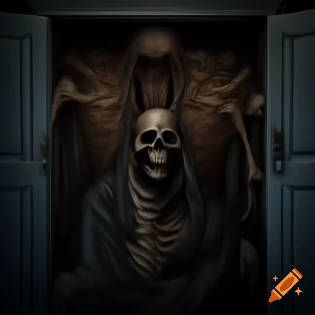 Scary skeleton lurking in dark closet on Craiyon