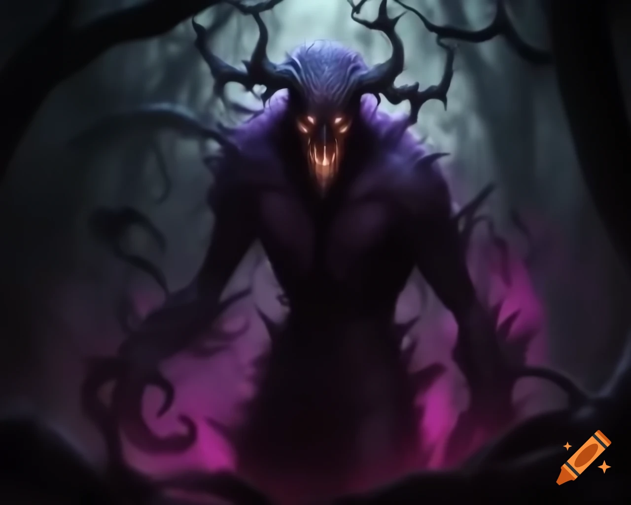 Wendigo demon in shadow unleashing a purple curse on dying forest on ...