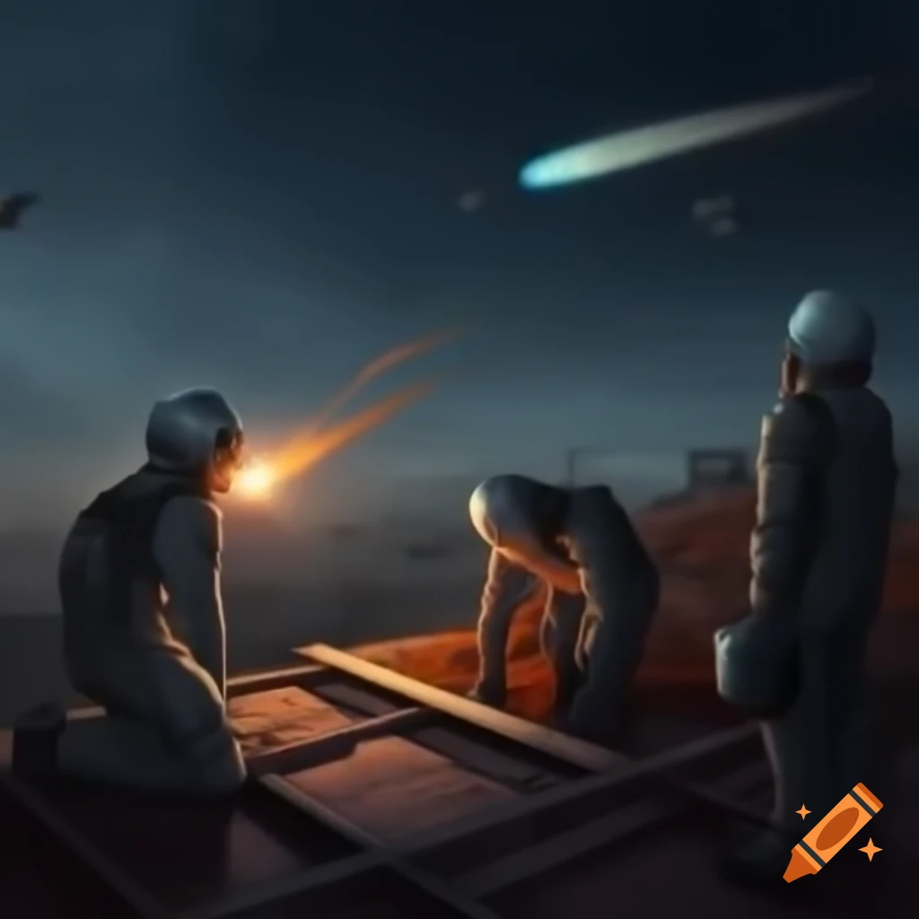 Manga-style meteor strike on space colony with astronauts repairing on ...