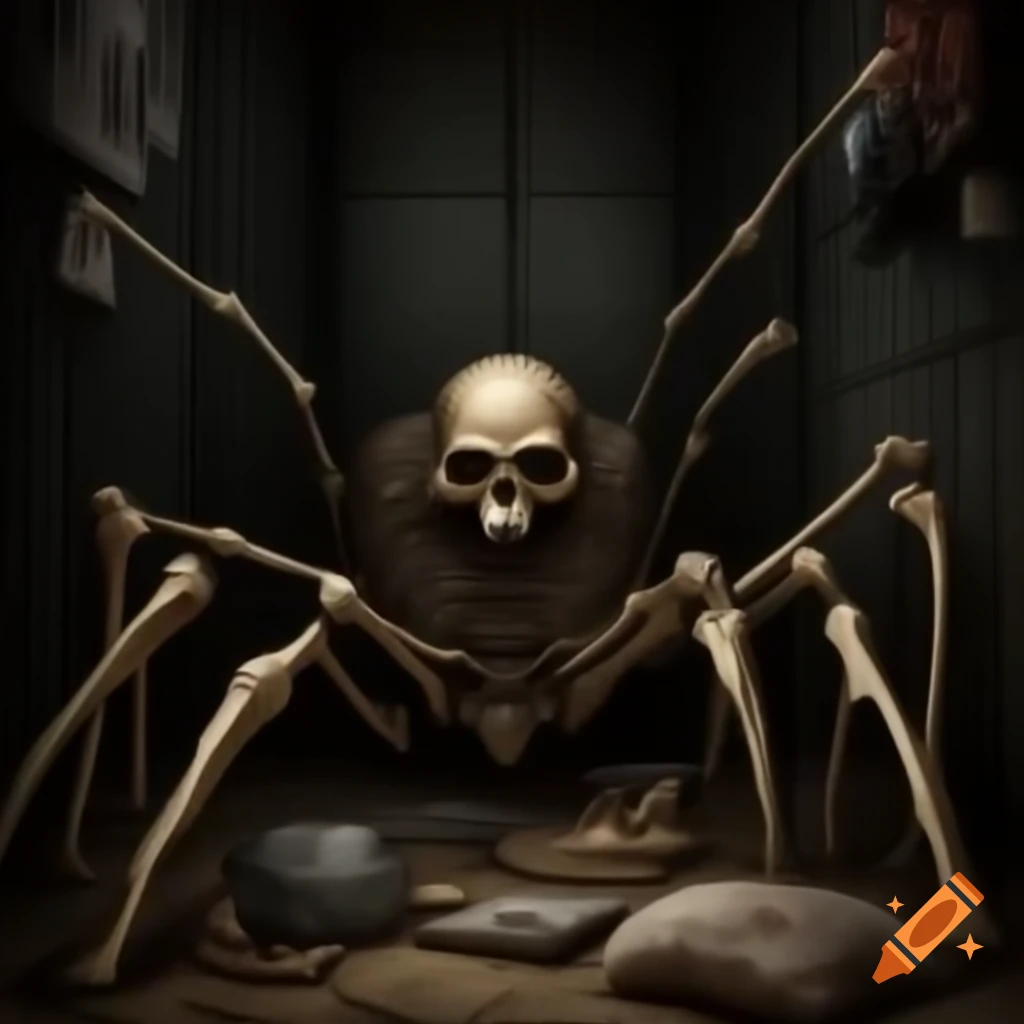 Evil skeleton in dark closet with giant spider legs on Craiyon