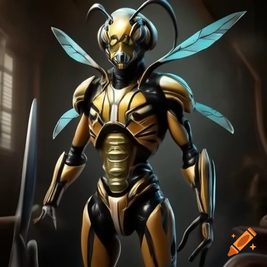 Futuristic metallic wasp with alien design holding large scythe in ...