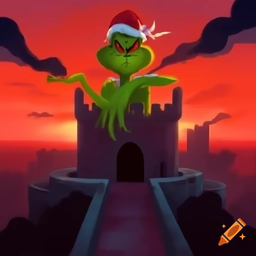 Evil grinch atop castle tower with red sunrise and black clouds in ...