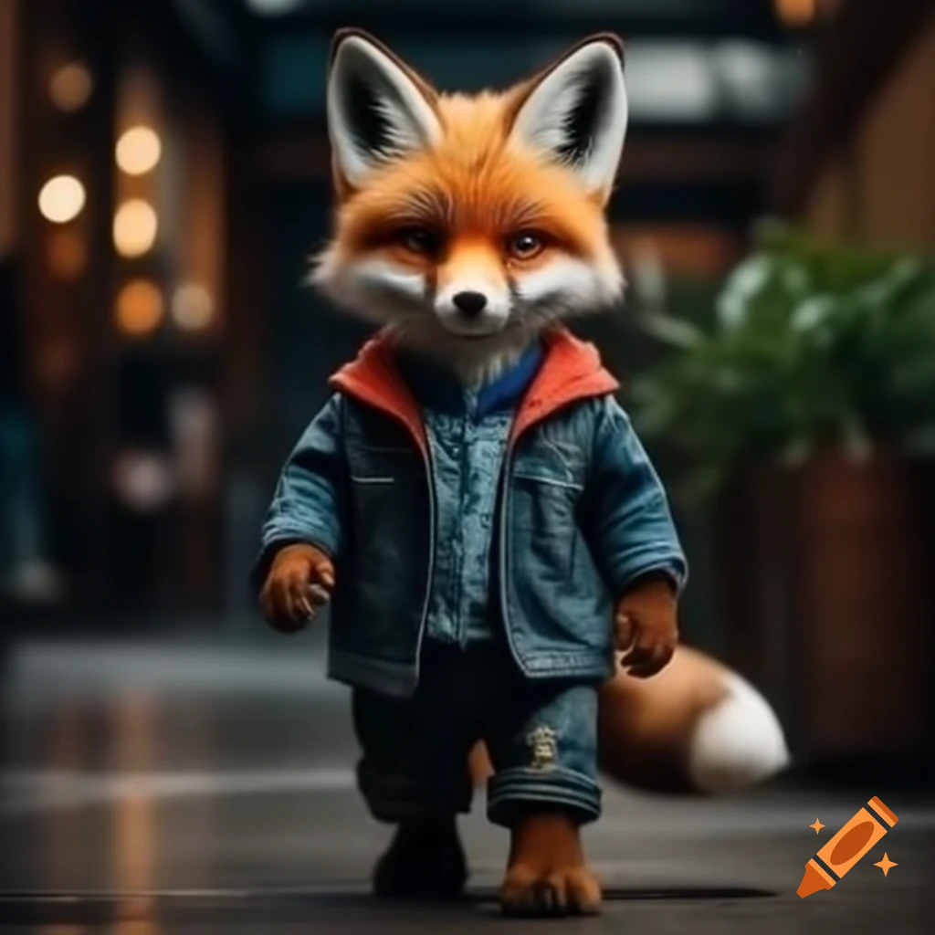 Humanoid fluffy male fox character walking in a mall on Craiyon