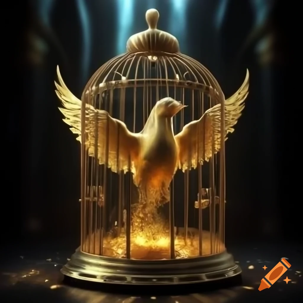 Hyper-realistic 3d glowing golden bird escaping dark cage with vibrant ...