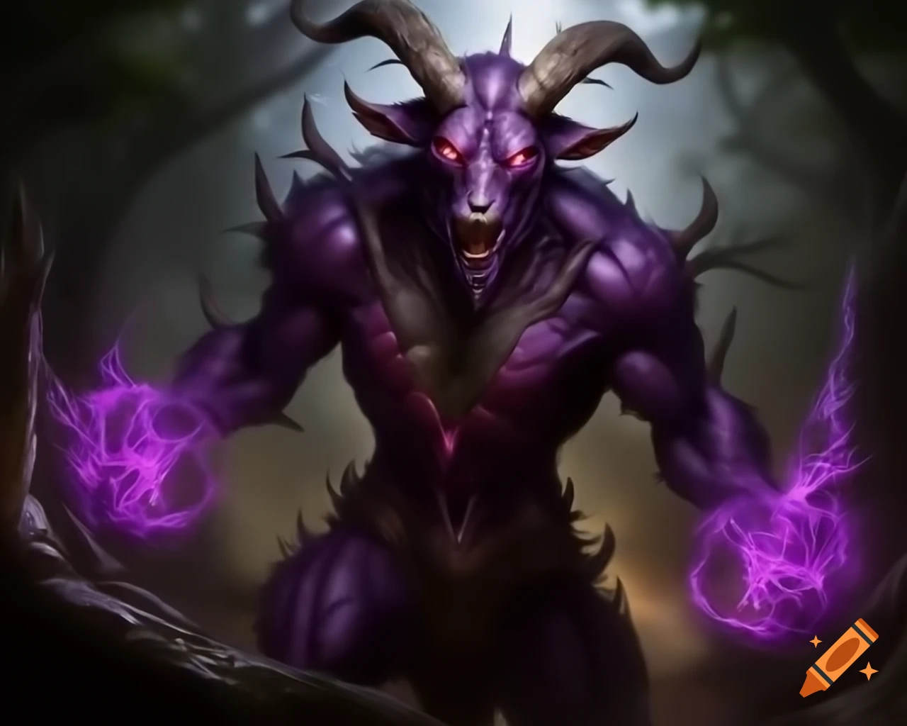 Demonic purple goatman with glowing eyes casting spell in dying forest ...