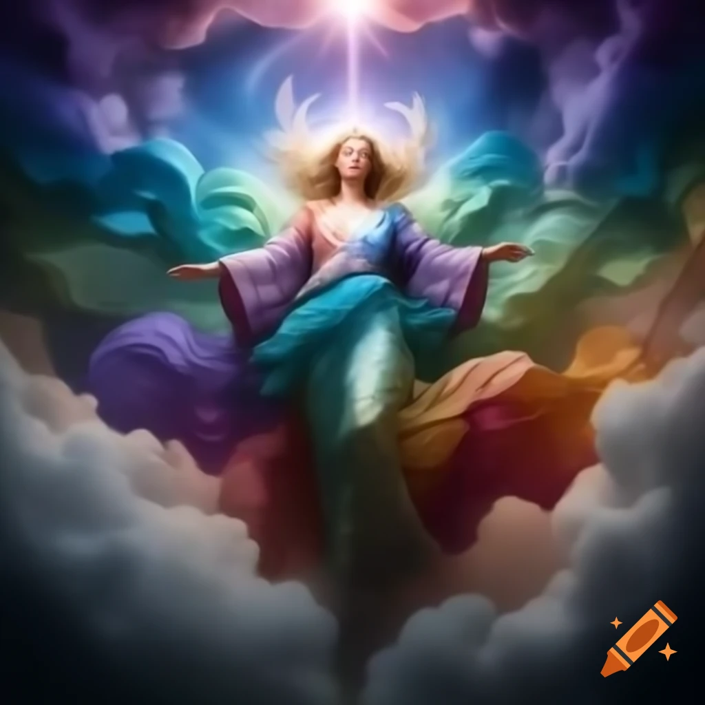 Celestial being in rainbow robes descending from heavens with luminous ...