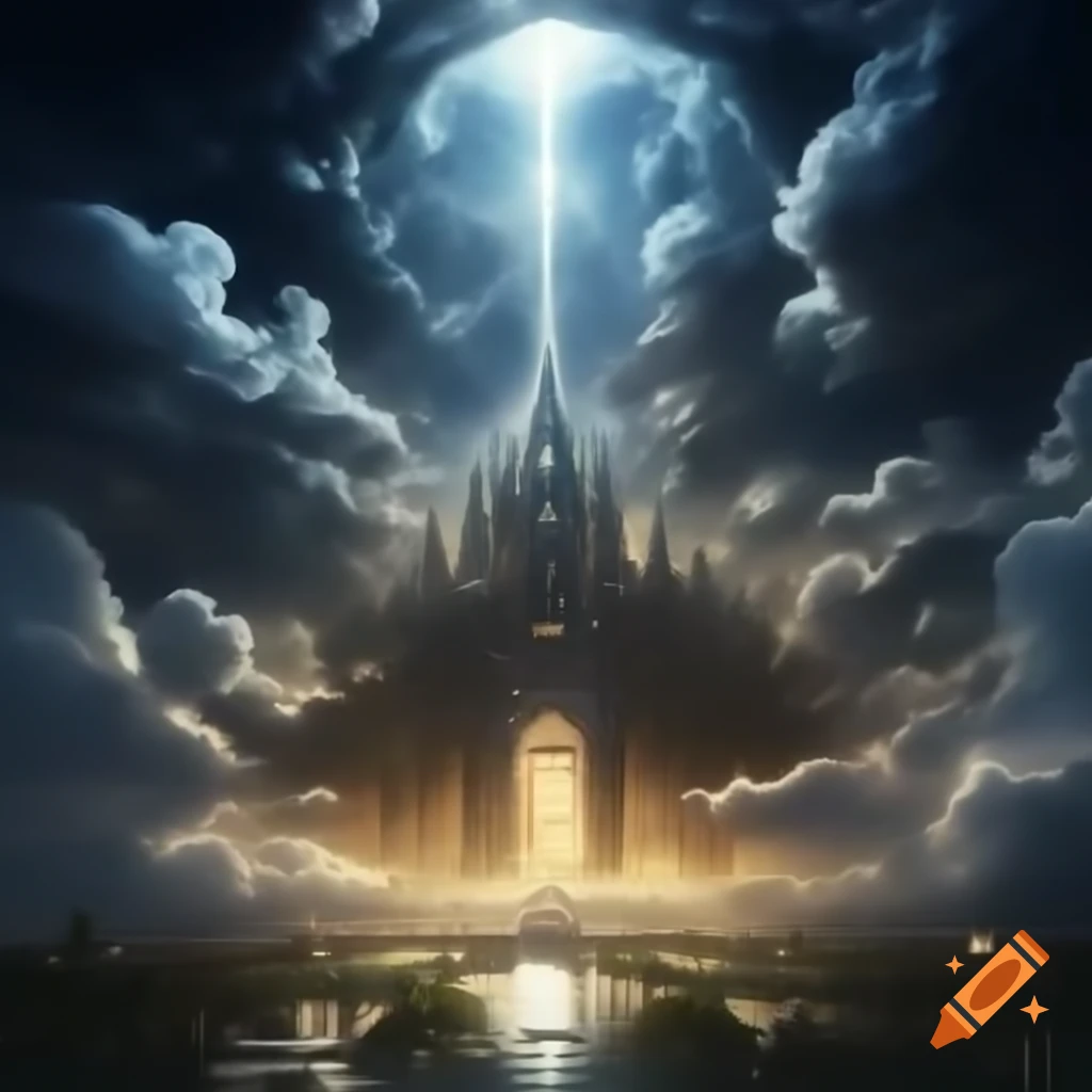 Celestial city with angelic architecture floating in clouds on Craiyon