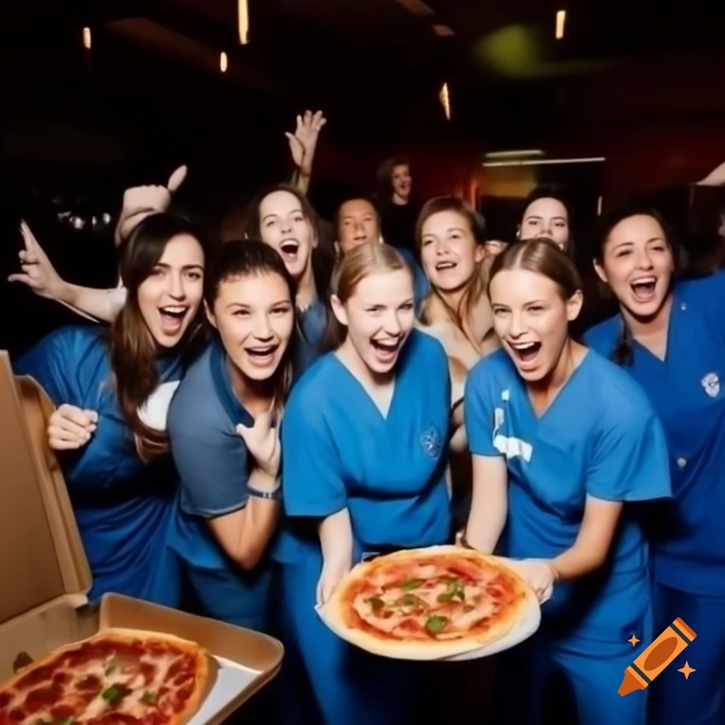 Nurses in blue scrubs enjoying a pizza party on Craiyon